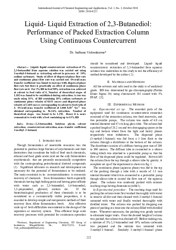 (PDF) Liquid-Liquid Extraction of 2,3-Butanediol: Performance of Packed ...