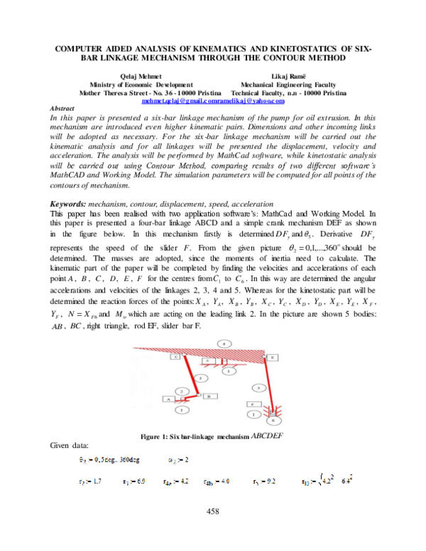 (PDF) Computer Aided Analysis Of Kinematics And Kinetostatics Of Six-Bar Linkage Mechanism ...