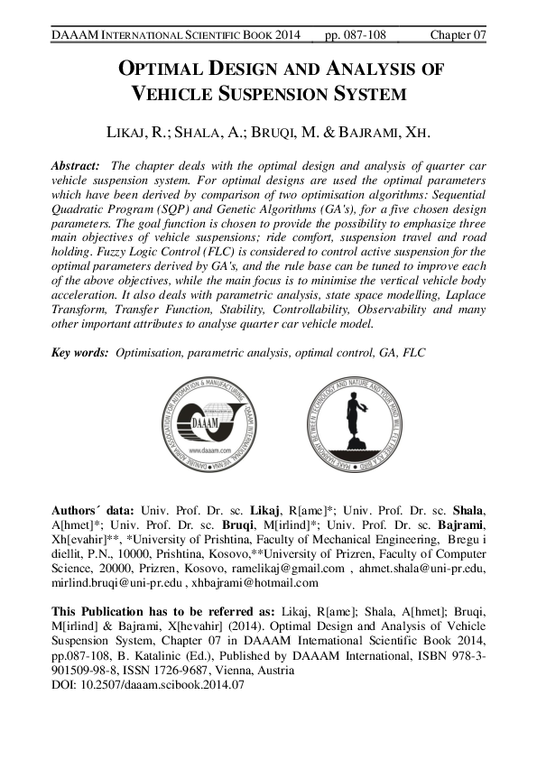 Pdf Optimal Design And Analysis Of Vehicle Suspension System