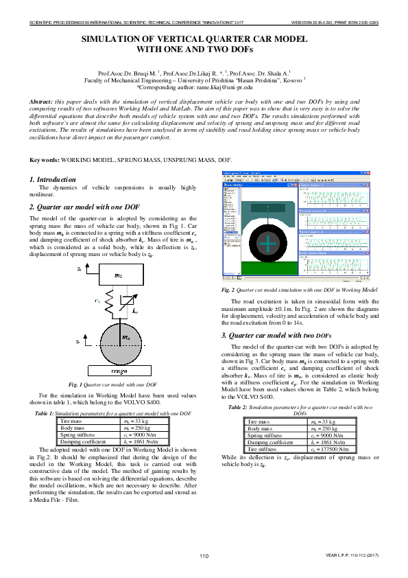 (PDF) SIMULATION OF VERTICAL QUARTER CAR MODEL WITH ONE AND TWO DOFs