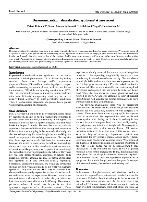 (PDF) Depersonalization - derealization syndrome: A case report
