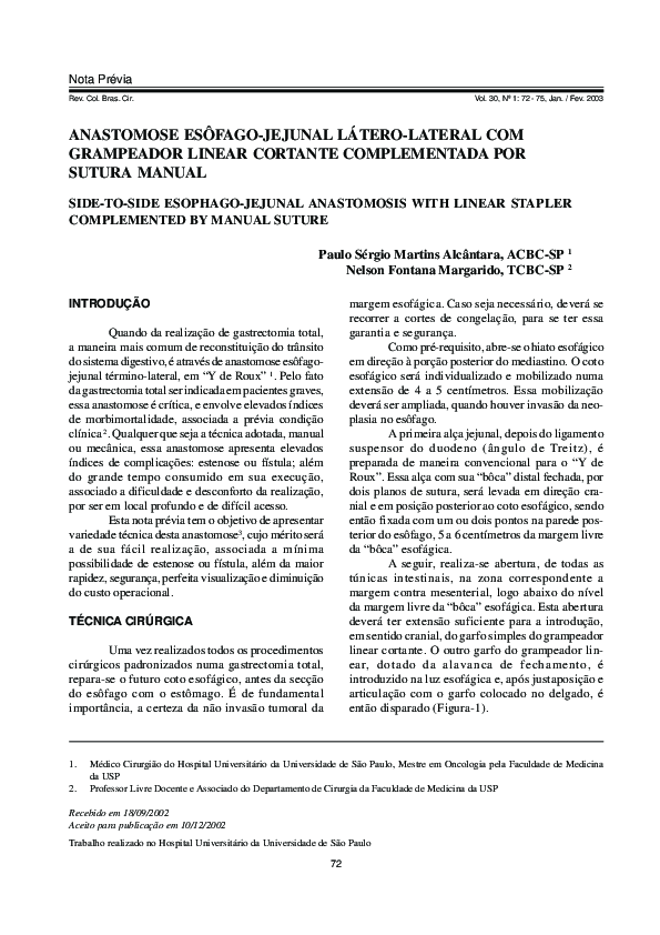 (PDF) Anastomose esôfago-jejunal látero-lateral com grampeador linear ...