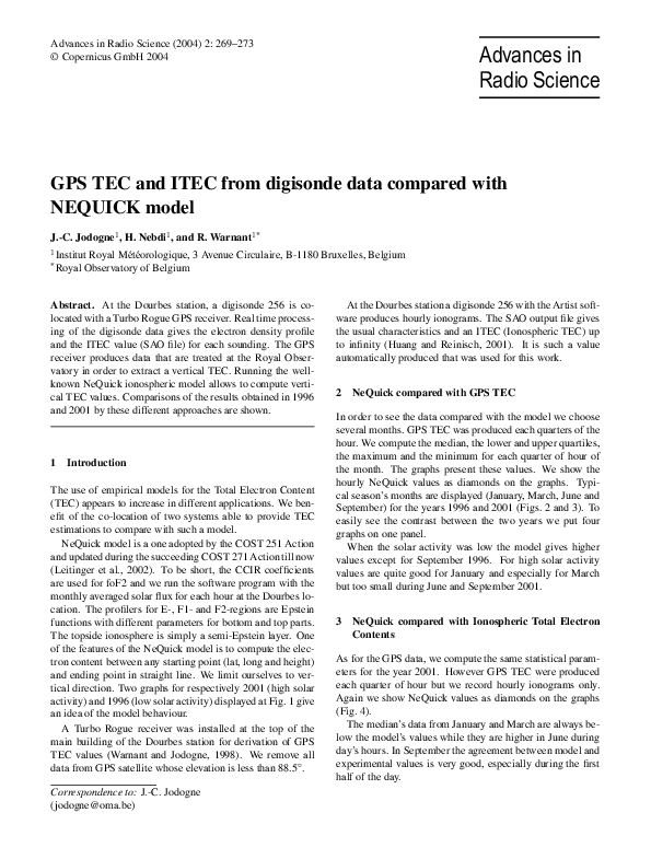 (PDF) GPS TEC and ITEC from digisonde data compared with NEQUICK model