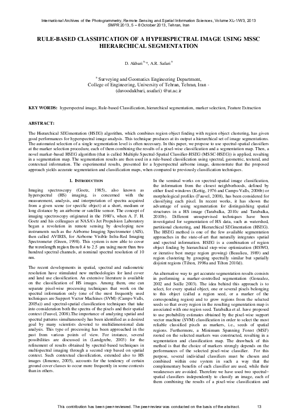 Pdf Rule Based Classification Of A Hyperspectral Image Using Mssc