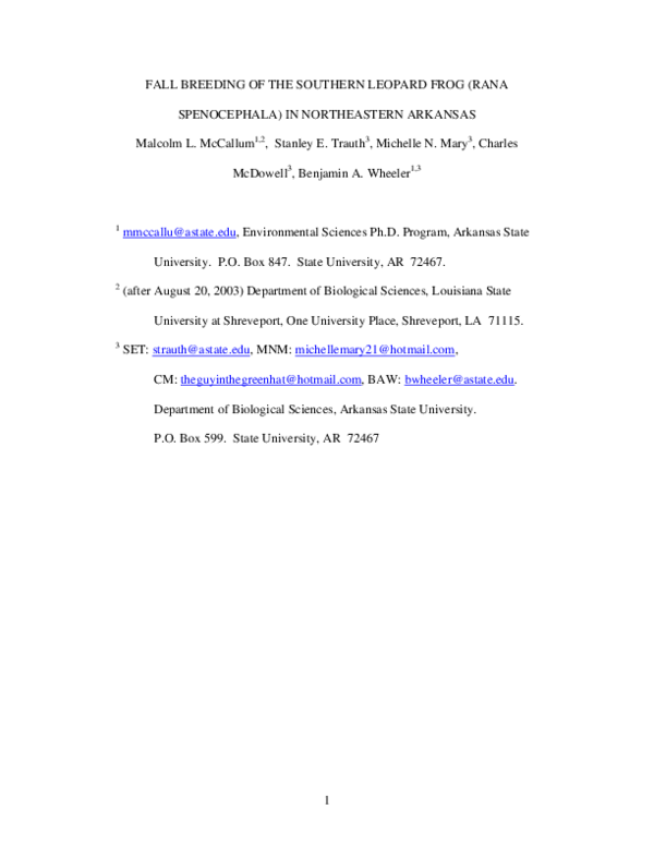 (PDF) Fall Breeding of the Southern Leopard Frog (Rana sphenocephala ...