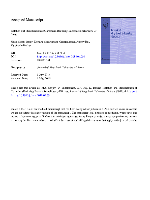 Pdf Isolation And Identification Of Chromium Reducing Bacteria From