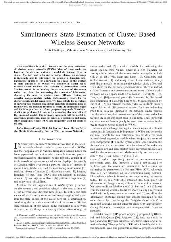 Pdf Simultaneous State Estimation Of Cluster Based Wireless Sensor