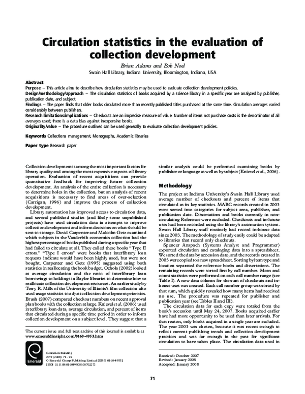 (PDF) Circulation statistics in the evaluation of collection development