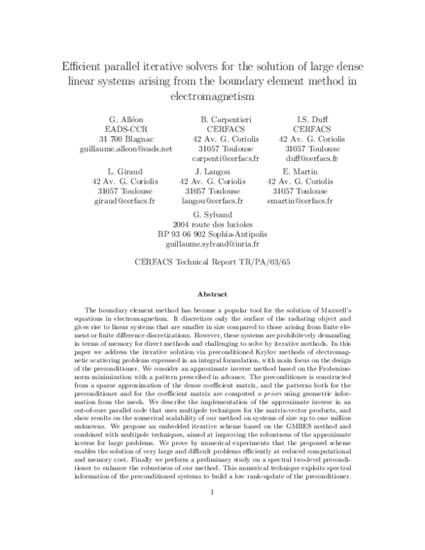(PDF) Efficient parallel iterative solvers for the solution of large dense linear systems ...