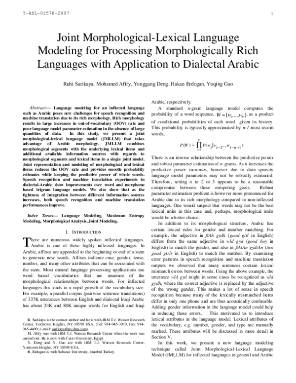 Pdf Joint Morphological Lexical Language Modeling For Processing Morphologically Rich