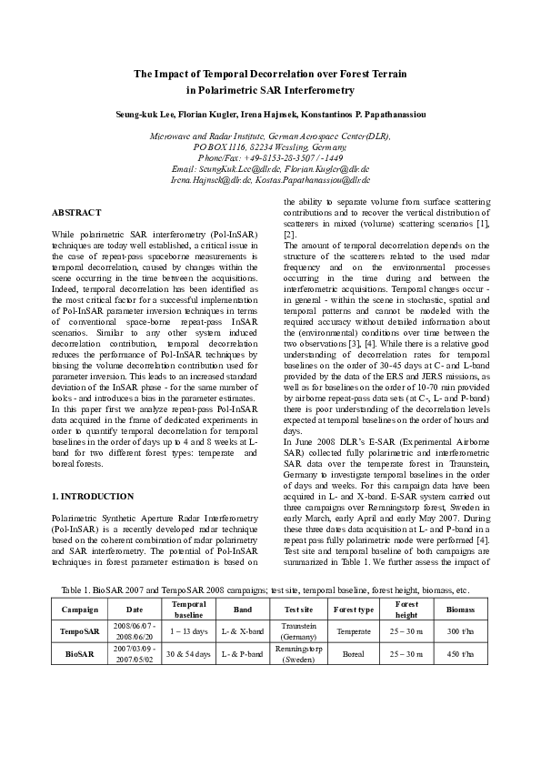 Pdf The Impact Of Temporal Decorrelation Over Forest Terrain In Polarimetric Sar Interferometry