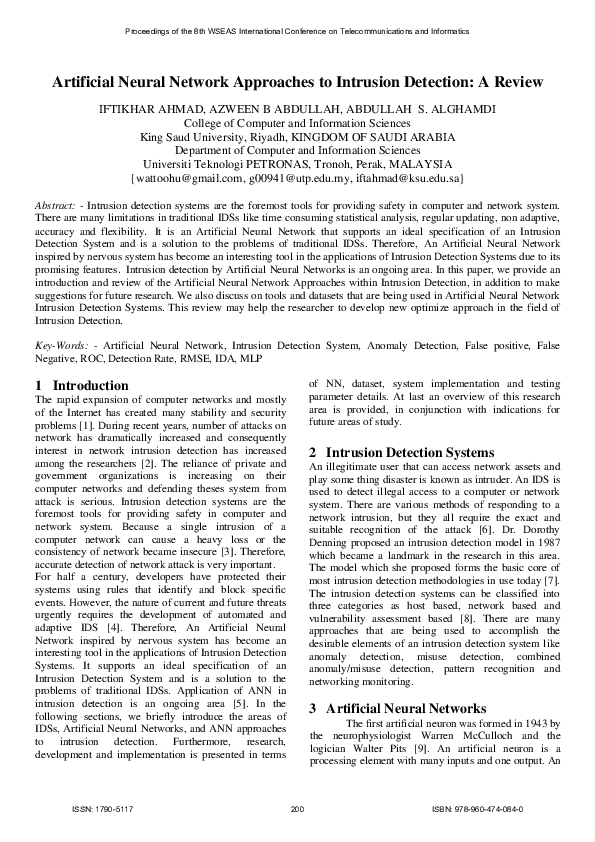 Pdf Artificial Neural Network Approaches To Intrusion Detection A Review