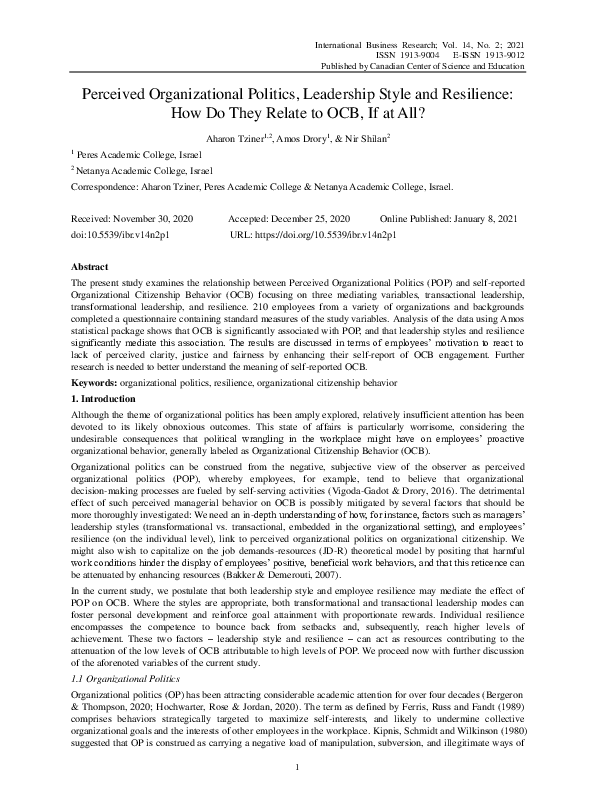 (PDF) Perceived Organizational Politics, Leadership Style and ...