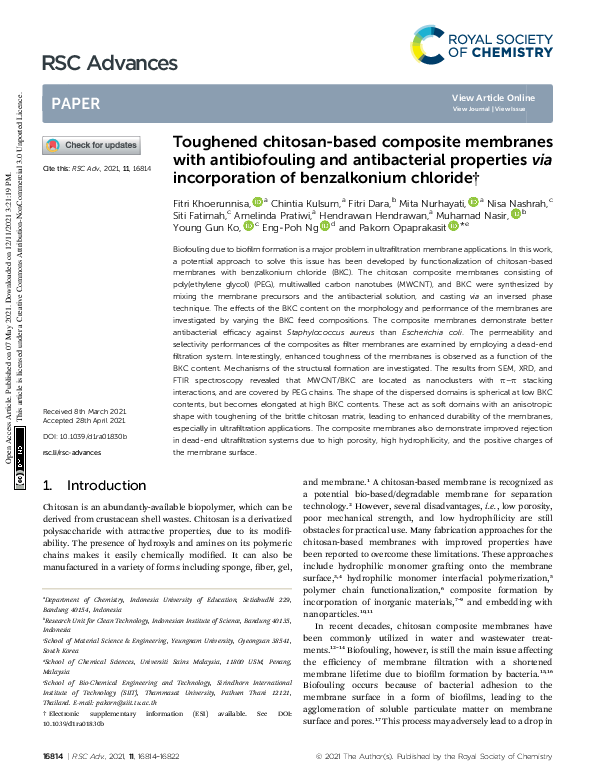 (PDF) Toughened chitosan-based composite membranes with antibiofouling and antibacterial ...