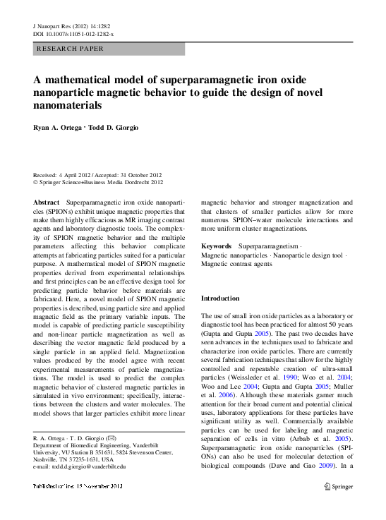(PDF) A mathematical model of superparamagnetic iron oxide nanoparticle magnetic behavior to ...