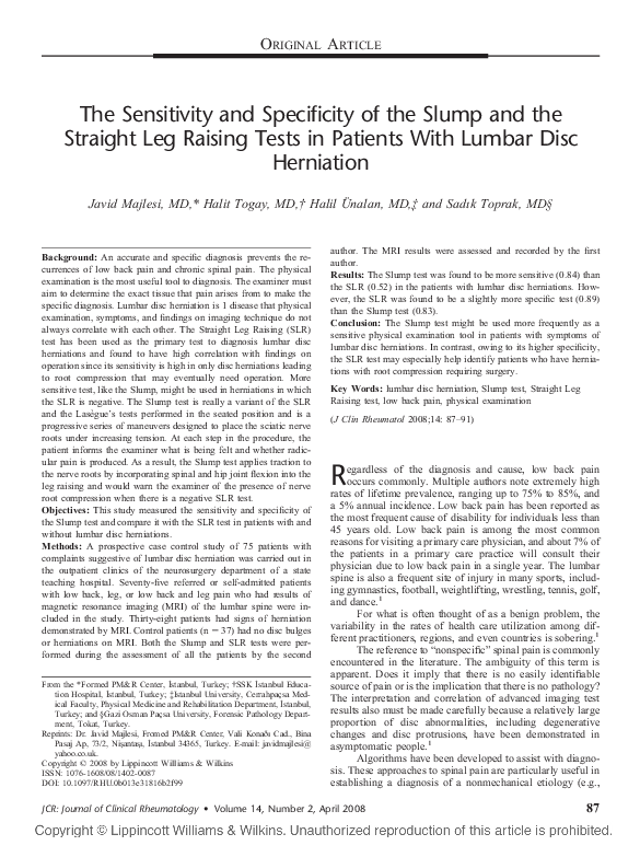 (PDF) The Sensitivity and Specificity of the Slump and the Straight Leg ...