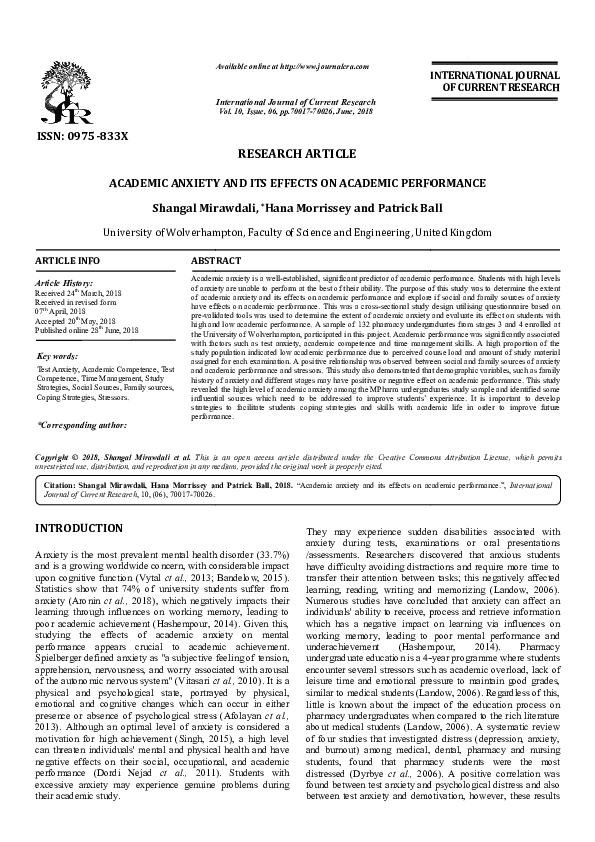 (PDF) Academic anxiety and its effects on academic performance