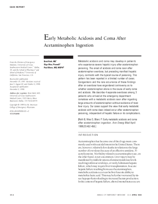 (PDF) Early Metabolic Acidosis and Coma After Acetaminophen Ingestion