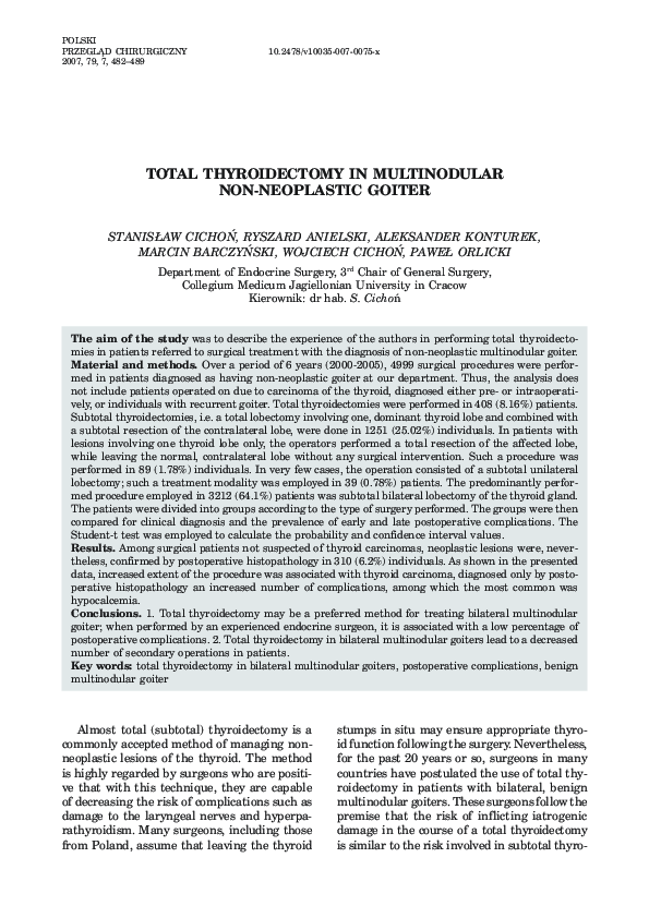 (PDF) Total Thyroidectomy in Multinodular Non-Neoplastic Goiter ...