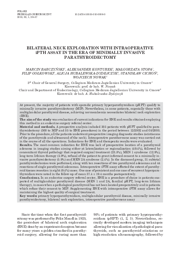 (PDF) Bilateral Neck Exploration with Intraoperative iPTH Assay in the ...