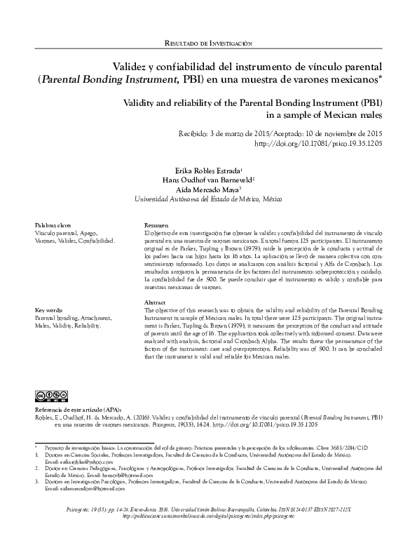 (PDF) Validez y confiabilidad del instrumento de vínculo parental ...