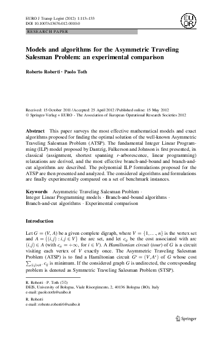 Pdf Models And Algorithms For The Asymmetric Traveling Salesman Problem An Experimental