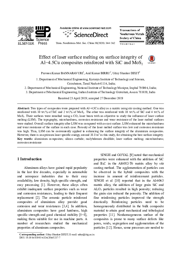 Pdf Effect Of Laser Surface Melting On Surface Integrity Of Al−4 5cu Composites Reinforced
