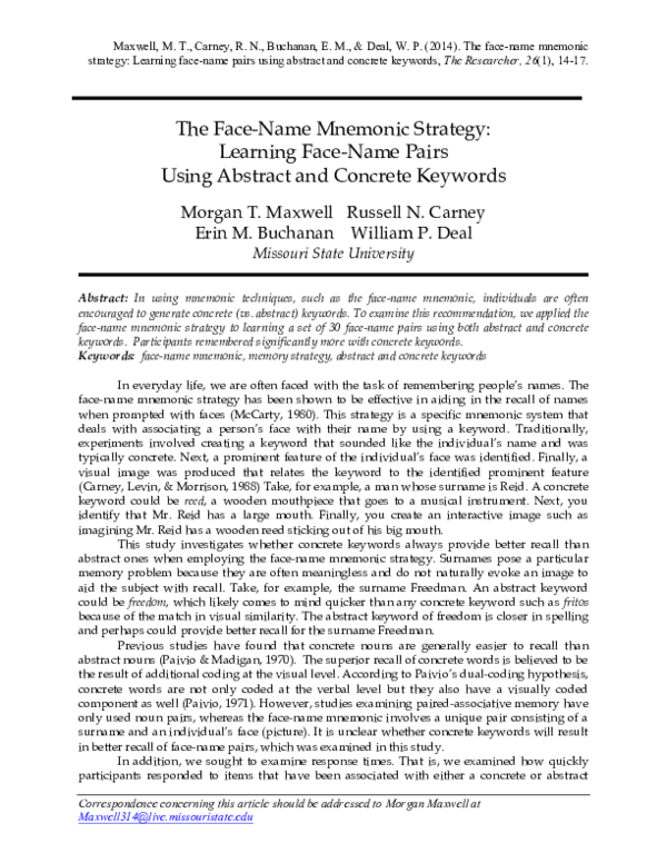 (PDF) The Face-Name Mnemonic Strategy : Learning Face-Name Pairs Using ...