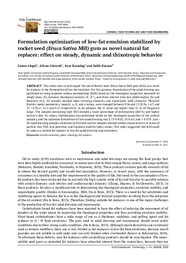 (PDF) Formulation optimization of low-fat emulsion stabilized by rocket ...