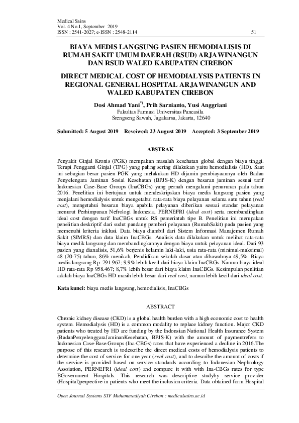 (PDF) Biaya Medis Langsung Pasien Hemodialisis DI Rumah Sakit Umum ...