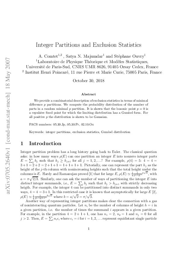 (PDF) Integer partitions and exclusion statistics