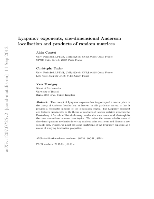 (PDF) Lyapunov exponents, one-dimensional Anderson localization and products of random matrices