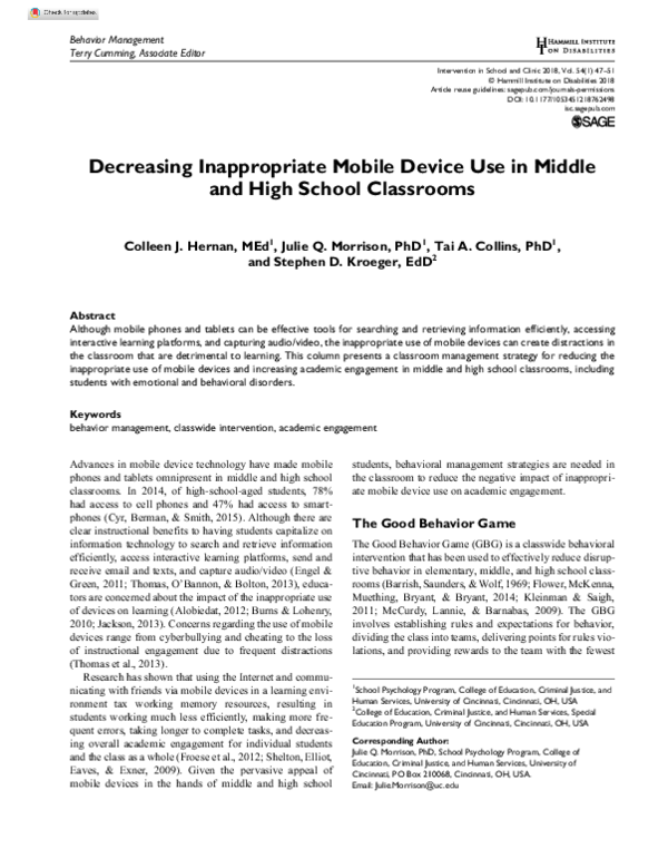 (PDF) Decreasing Inappropriate Mobile Device Use in Middle and High ...