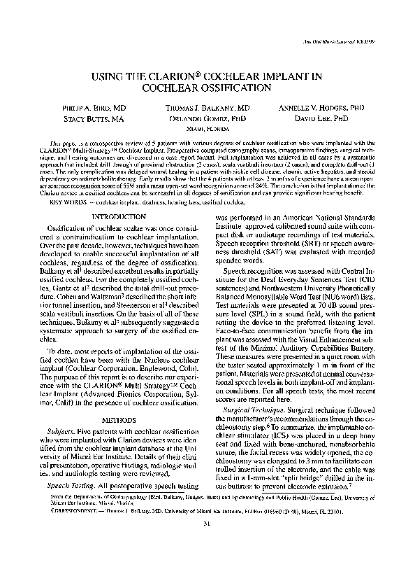 (PDF) Using the Clarion® Cochlear Implant in Cochlear Ossification