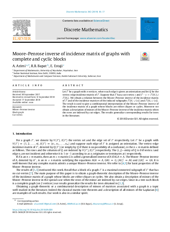 Pdf Moore Penrose Inverse Of Incidence Matrix Of Graphs With Complete And Cyclic Blocks