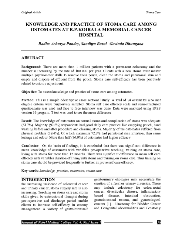 (PDF) Knowledge and Practice of Stoma Care among Ostomates at B.P ...