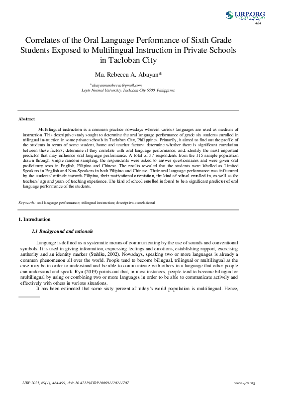 (PDF) Correlates of the Oral Language Performance of Sixth Grade ...
