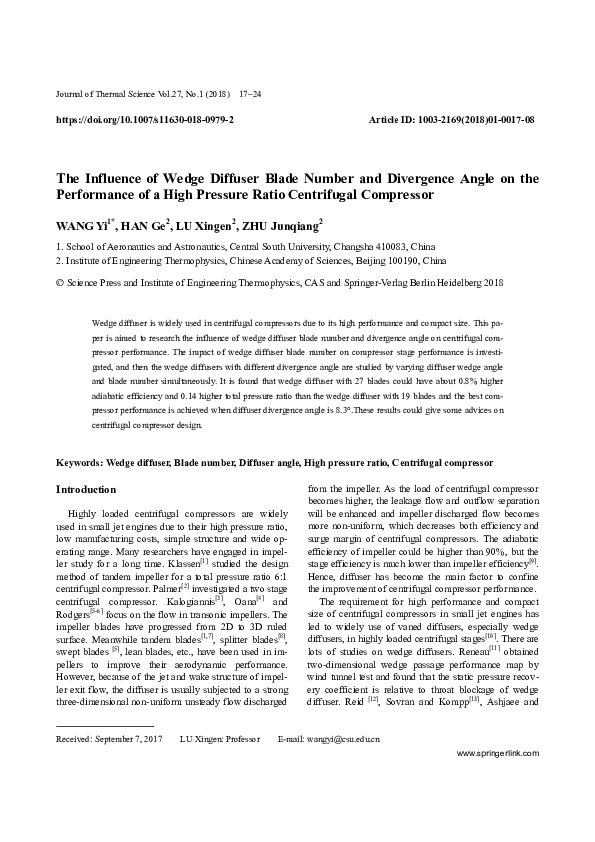 (PDF) The influence of wedge diffuser blade number and divergence angle ...