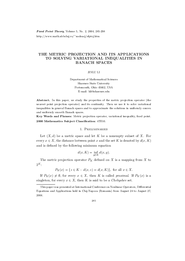 (PDF) On the Metric Projection Operator and Its Applications to Solving ...