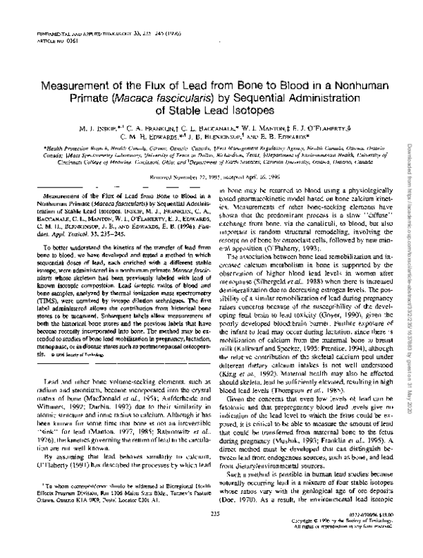 (PDF) Measurement of the Flux of Lead from Bone to Blood in a Nonhuman ...