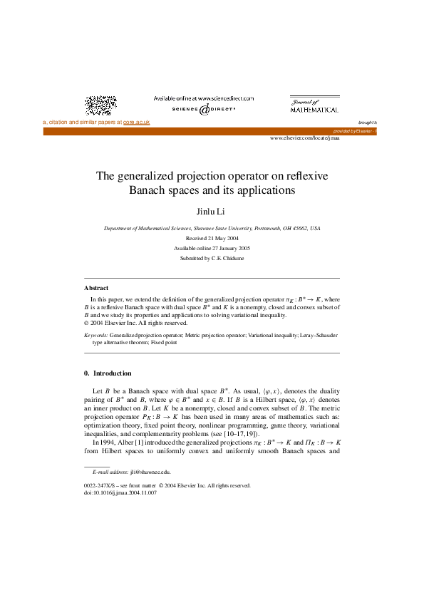 Pdf The Generalized Projection Operator On Reflexive Banach Spaces And Its Applications