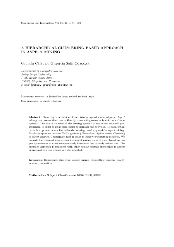 Pdf A Hierarchical Clustering Based Approach In Aspect Mining