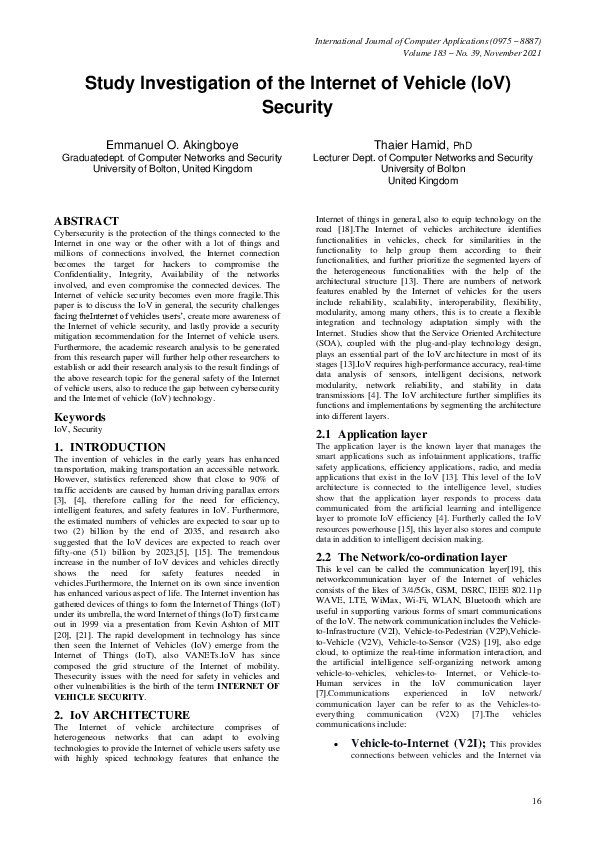 (PDF) Study Investigation of the Internet of Vehicle (IoV) Security