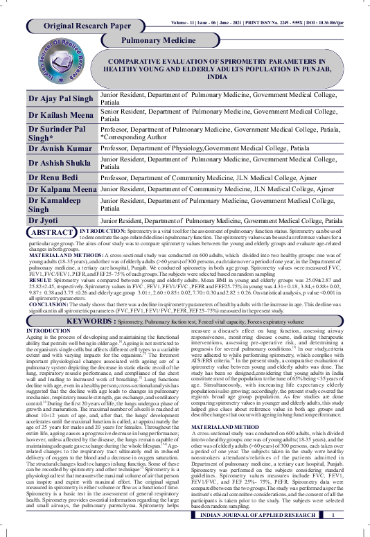 Pdf Comparative Evaluation Of Spirometry Parameters In Healthy Young And Elderly Adults