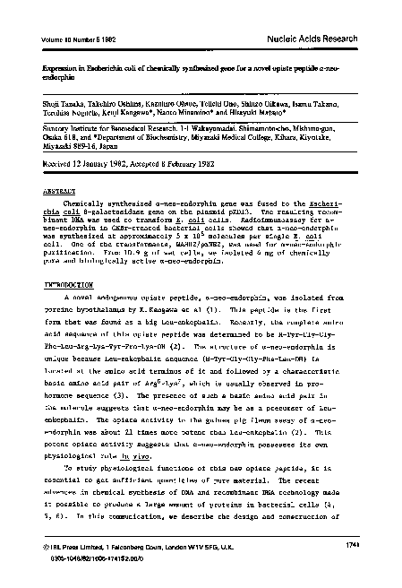(PDF) Expression in escherichia coli of a chemically synthesized gene ...