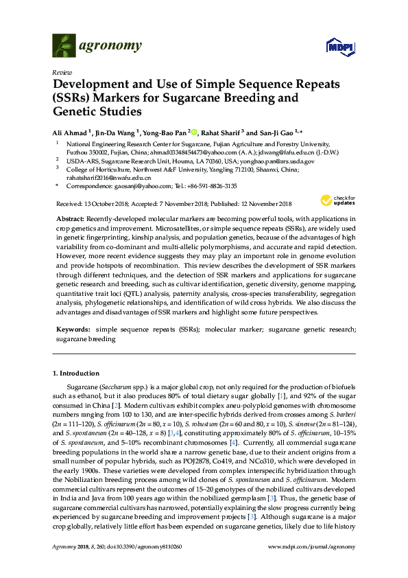 (PDF) Development and Use of Single Sequence Repeats (SSRs) Markers for Sugarcane Breeding and ...
