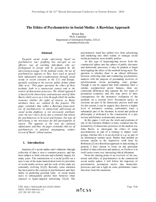 (PDF) The Ethics of Psychometrics in Social Media: A Rawlsian Approach