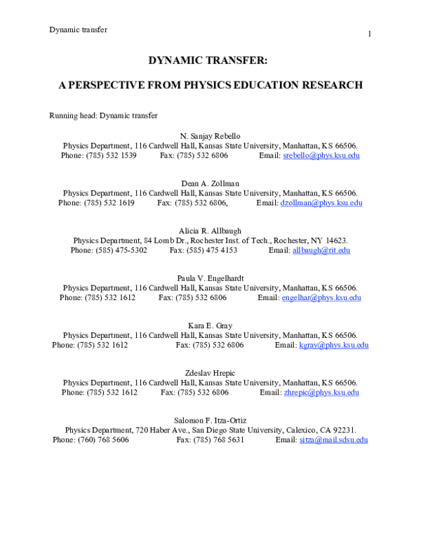 (PDF) Dynamic transfer: A perspective from physics education research