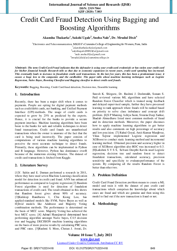 (PDF) Credit Card Fraud Detection Using Bagging and Boosting Algorithms