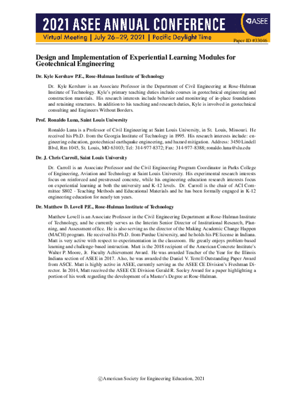 (PDF) Design and Implementation of Experiential Learning Modules for Geotechnical Engineering